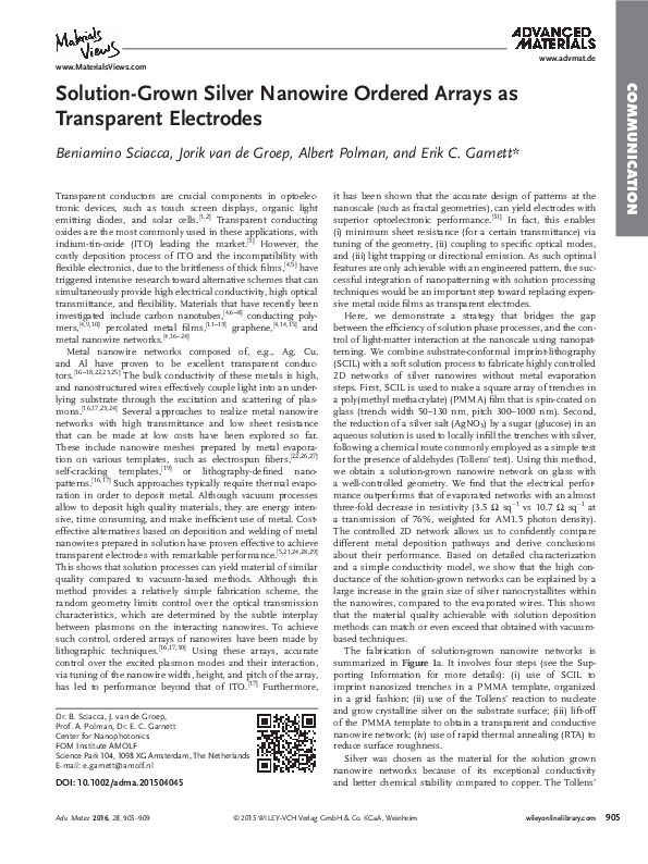 (PDF) Solution‐Grown Silver Nanowire Ordered Arrays as Transparent Electrodes