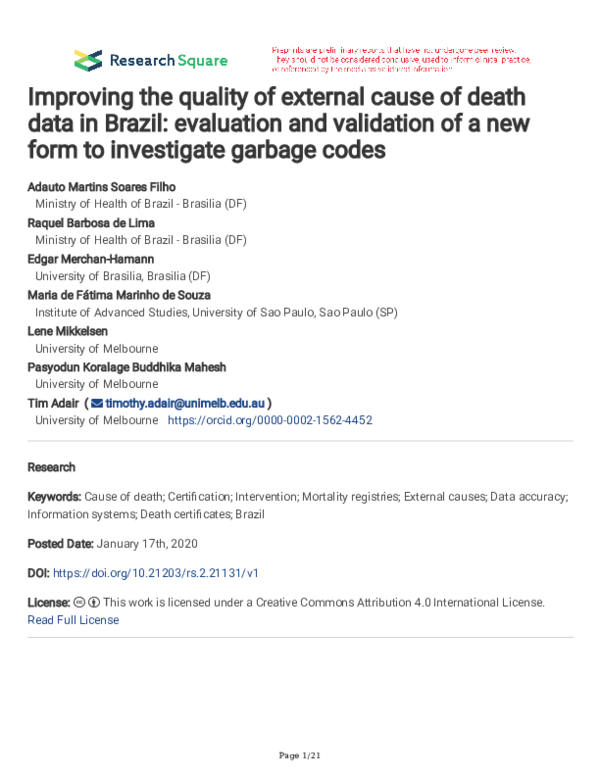 (PDF) Improving the quality of external cause of death data in Brazil: evaluation and validation ...