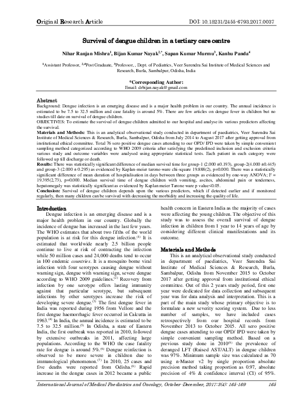 (PDF) Survival of dengue children in a tertiary care centre | Nihar ...