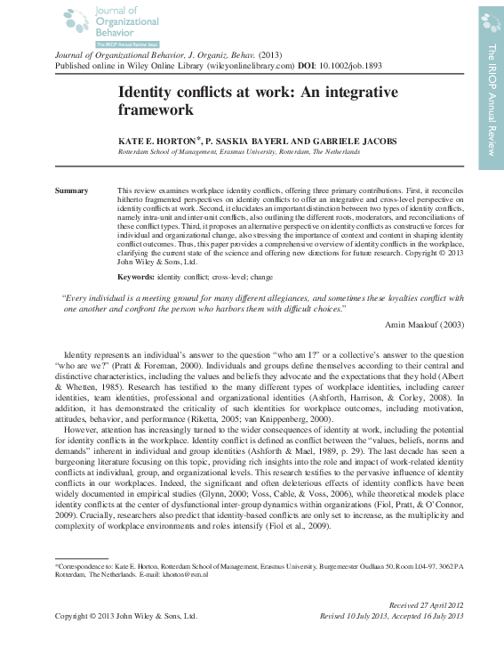 (PDF) Identity conflicts at work: An integrative framework
