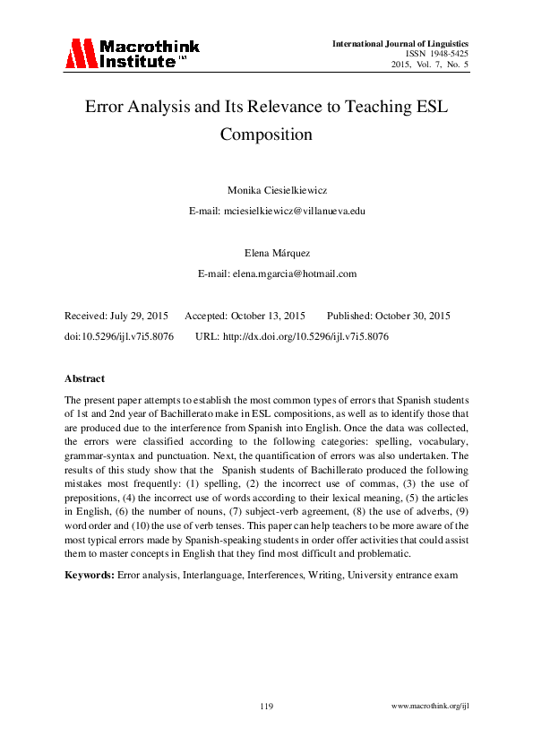 (PDF) Error Analysis and Its Relevance to Teaching ESL Composition