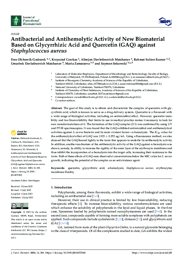 (PDF) Antibacterial and Antihemolytic Activity of New Biomaterial Based on Glycyrrhizic Acid and ...