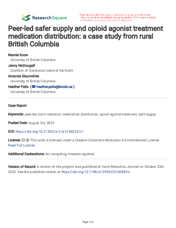 (PDF) Peer-led safer supply and opioid agonist treatment medication ...
