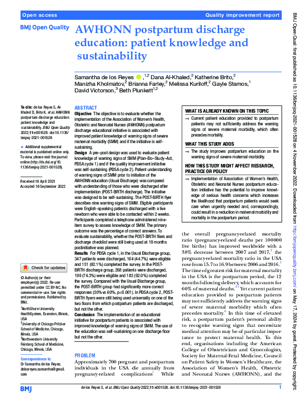 (PDF) AWHONN postpartum discharge education: patient knowledge and ...