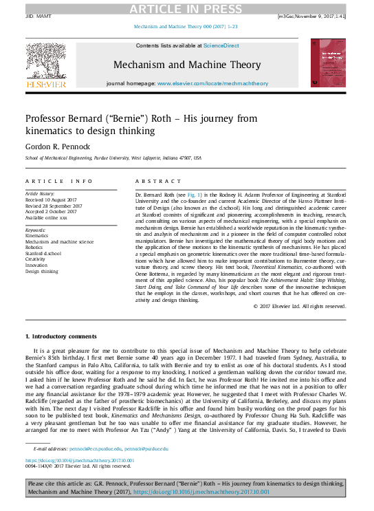 (PDF) Professor Bernard (“Bernie”) Roth – His journey from kinematics ...
