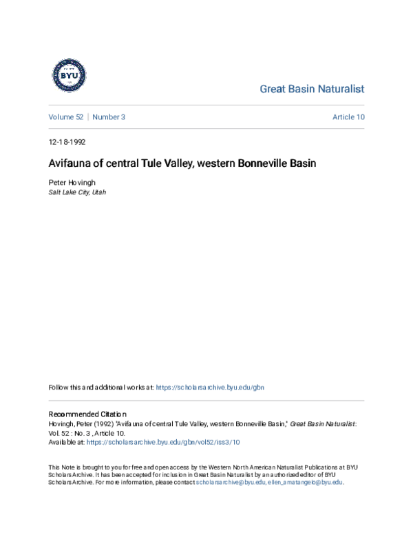 (PDF) Avifauna of central Tule Valley, western Bonneville Basin