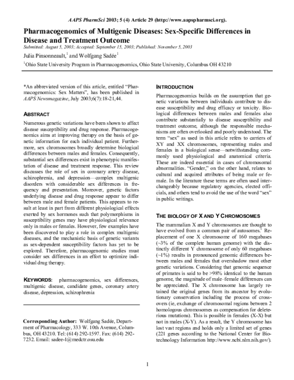 (PDF) Pharmacogenomics of multigenic diseases: Sex-specific differences ...