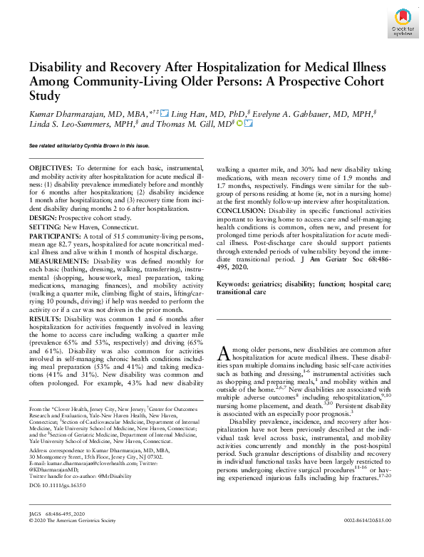 (PDF) Disability and Recovery After Hospitalization for Medical Illness Among Community‐Living ...