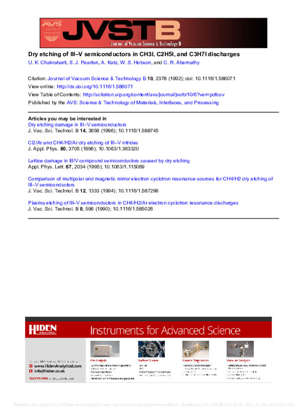 (PDF) Dry etching of III–V semiconductors in CH3I, C2H5I, and C3H7I discharges