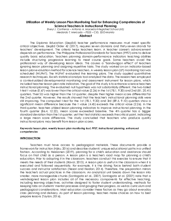 (PDF) Utilization of Weekly Lesson Plan Monitoring Tool for Enhancing ...