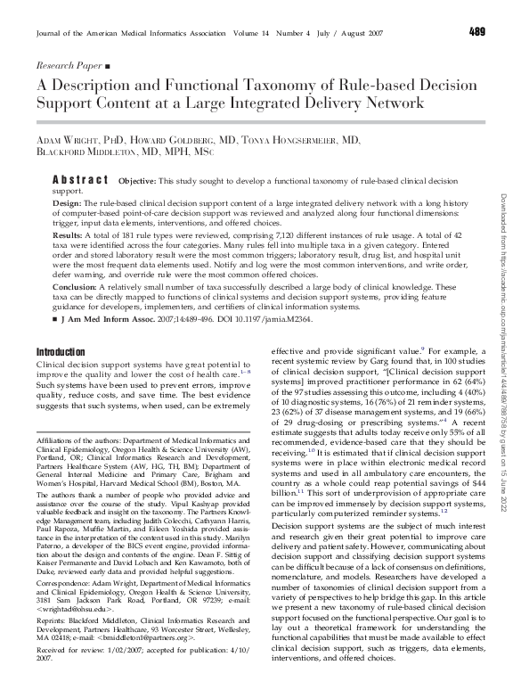 (PDF) A description and functional taxonomy of rule-based decision support content at a large ...