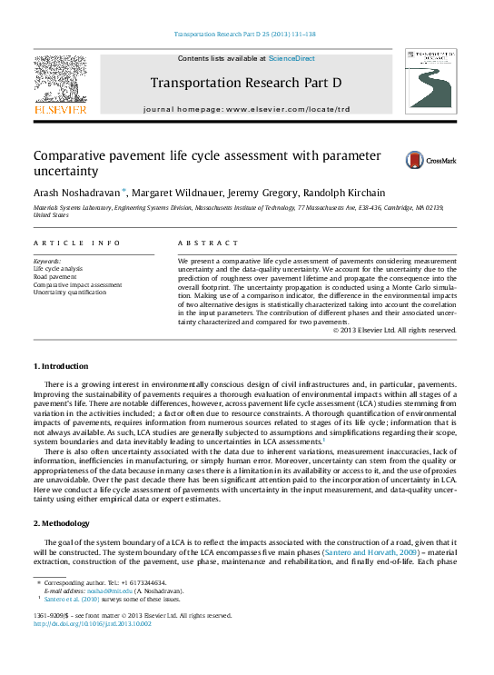 (PDF) Comparative pavement life cycle assessment with parameter uncertainty