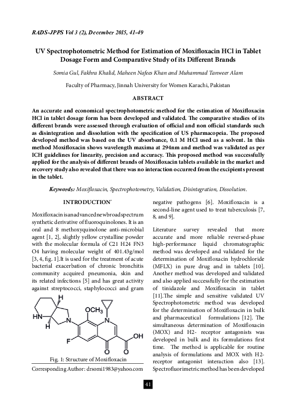 Pdf Uv Spectrophotometric Method For Estimation Of Moxifloxacin Hcl In Tablet Dosage Form And