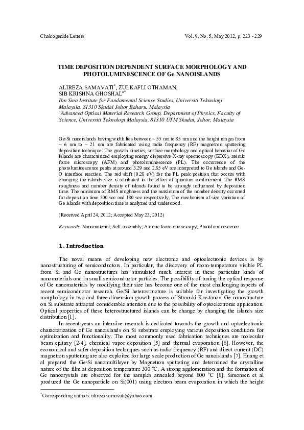 (PDF) TIME DEPOSITION DEPENDENT SURFACE MORPHOLOGY AND ...