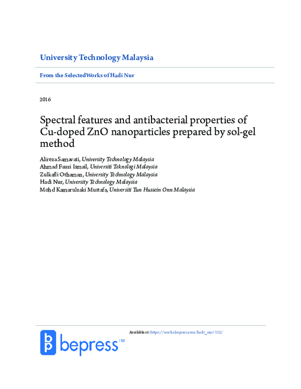 (PDF) Spectral features and antibacterial properties of Cu-doped ZnO ...