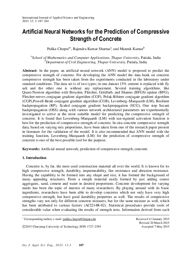 (PDF) Artificial Neural Networks for the Prediction of Compressive Strength of Concrete