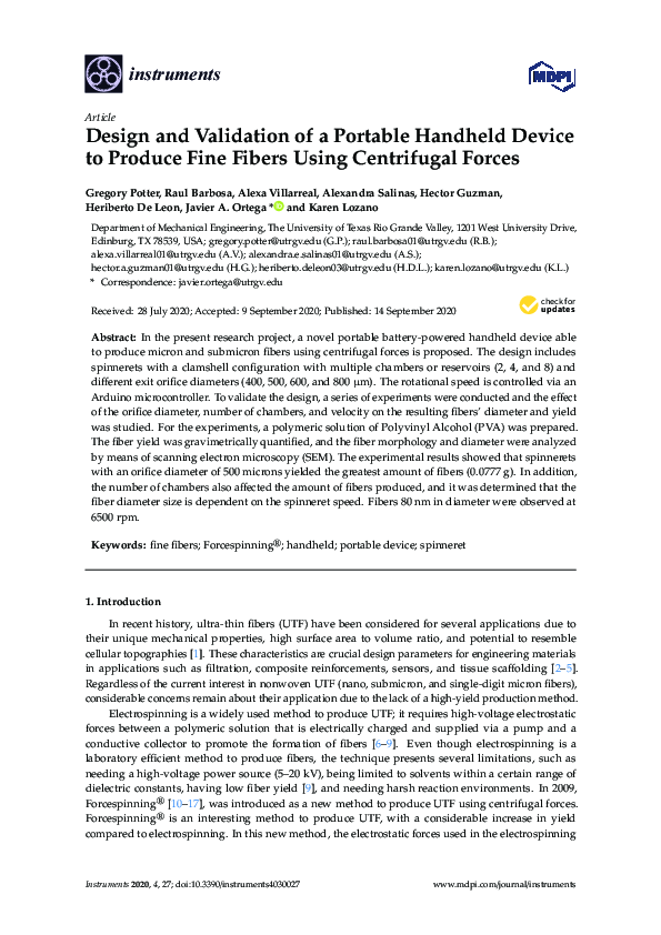 (PDF) Design and Validation of a Portable Handheld Device to Produce Fine Fibers Using ...