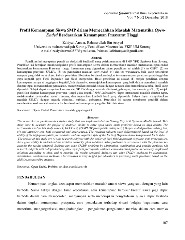 (PDF) Profil Kemampuan Siswa SMP dalam Memecahkan Masalah Matematika Open-Ended Berdasarkan ...