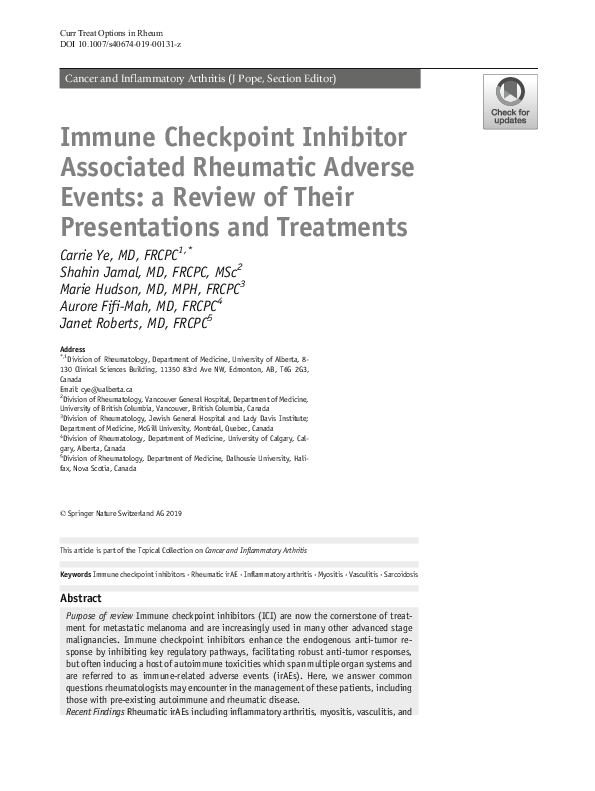 (PDF) Immune Checkpoint Inhibitor Associated Rheumatic Adverse Events: a Review of Their ...