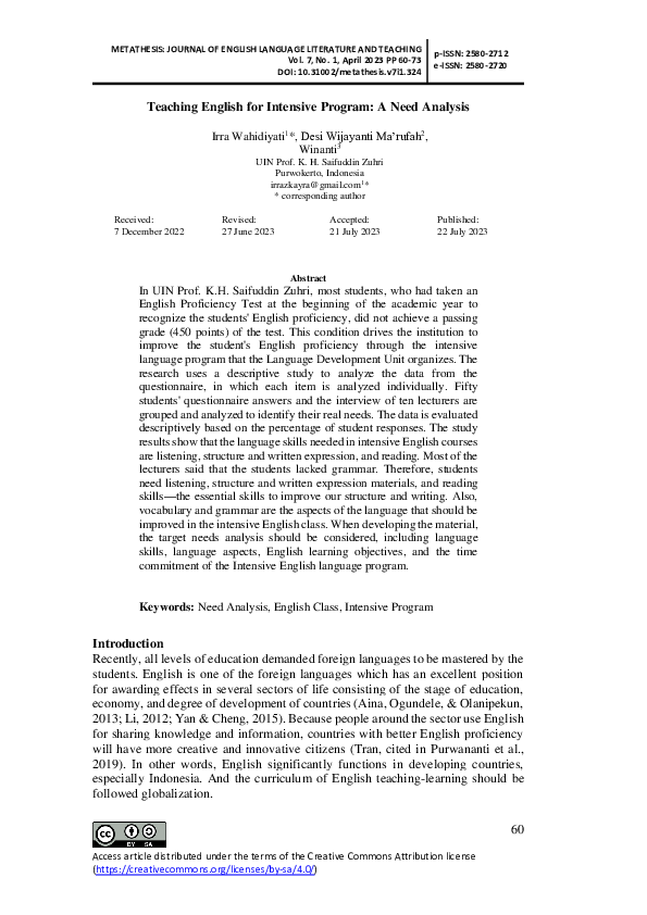 (PDF) Teaching English for Intensive Program: A Need Analysis