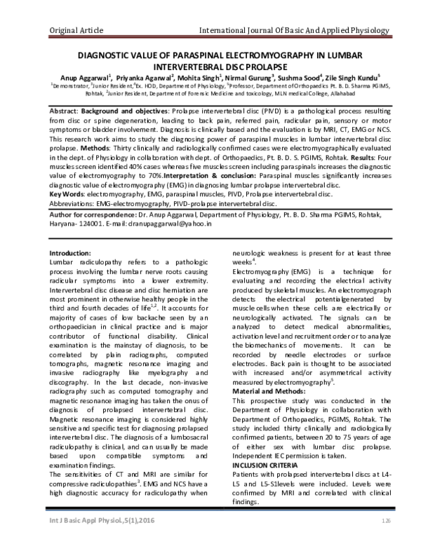 (PDF) Diagnostic Value of Paraspinal Electromyography in Lumbar ...