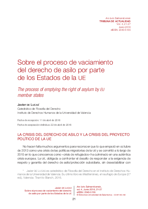 (PDF) Sobre el proceso de vaciamiento del derecho de asilo por parte de los Estados de la UE