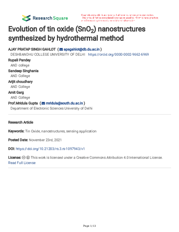 (PDF) Evolution of tin oxide (SnO2) nanostructures synthesized by ...