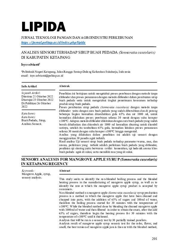 (PDF) ANALISIS SENSORI TERHADAP SIRUP BUAH PEDADA (Sonneratia ...