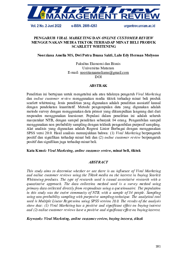 (PDF) Pengaruh Viral Marketing Dan Online Customer Review Menggunakan Media Tiktok Terhadap ...