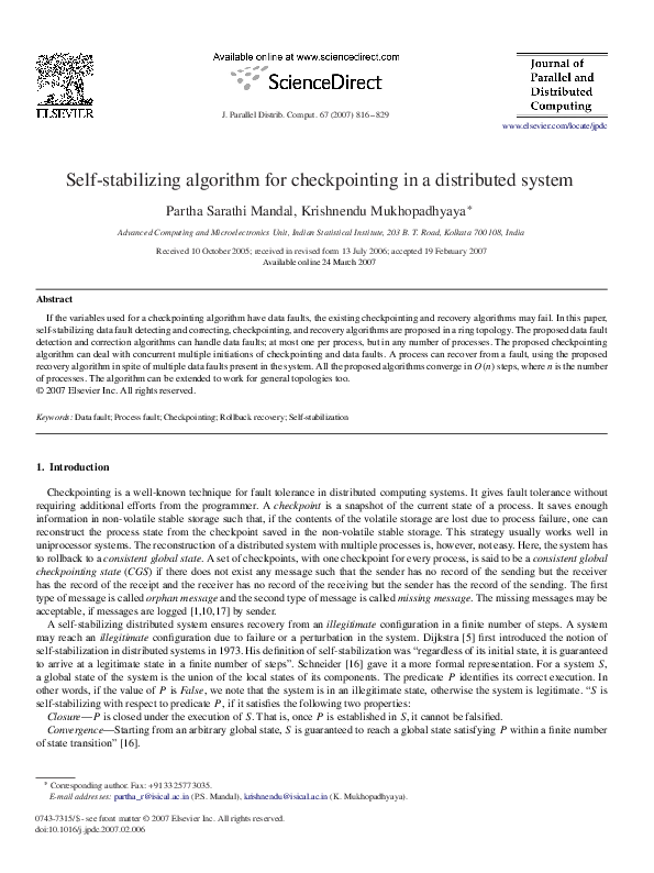 (PDF) Self-stabilizing algorithm for checkpointing in a distributed system