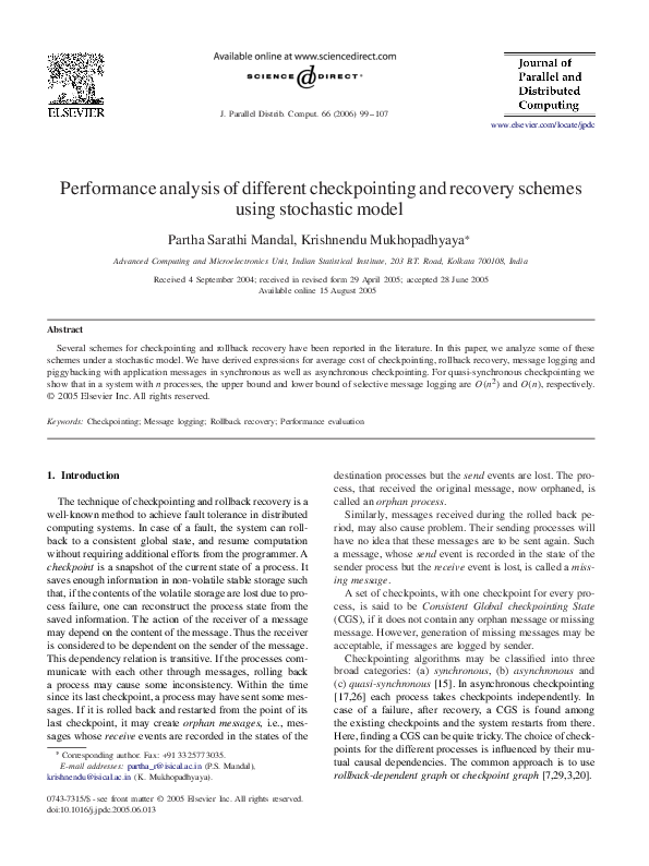 (PDF) Performance analysis of different checkpointing and recovery schemes using stochastic model