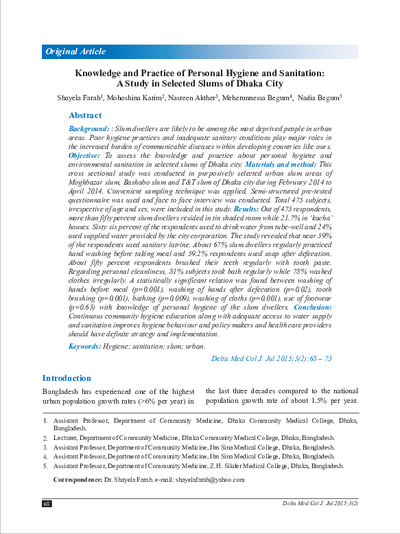 (PDF) Knowledge and Practice of Personal Hygiene and Sanitation: A Study in Selected Slums of ...