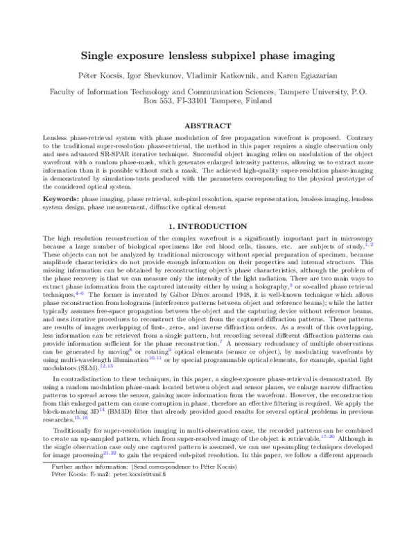 (PDF) Single exposure lensless subpixel phase imaging