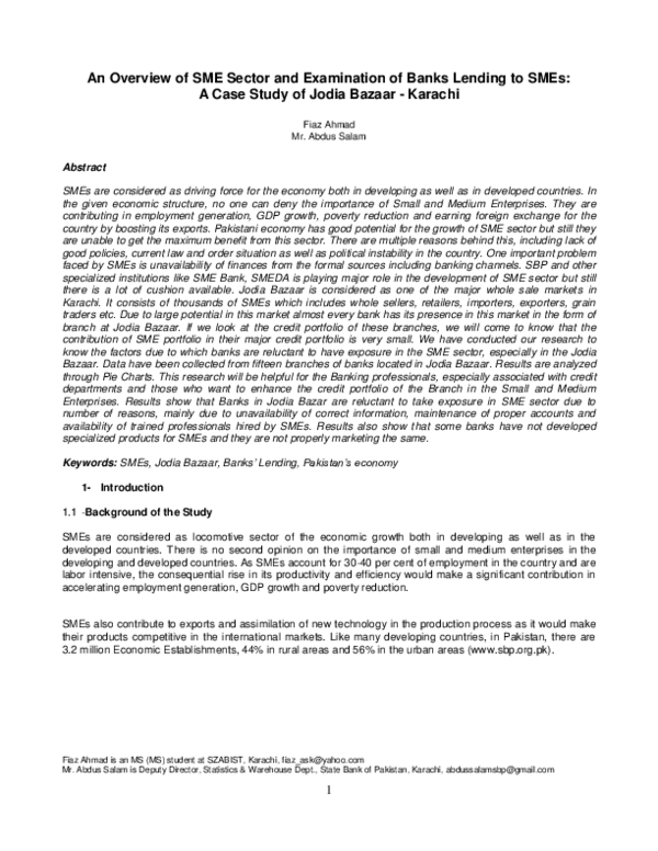 (PDF) An Overview of SME Sector and Examination of Banks Lending to ...