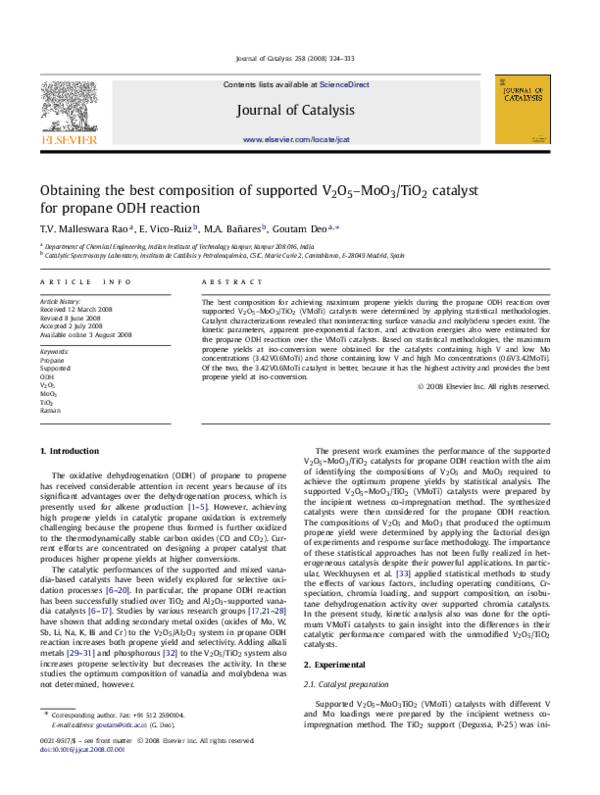 (PDF) Obtaining the best composition of supported V2O5–MoO3/TiO2 catalyst for propane ODH reaction