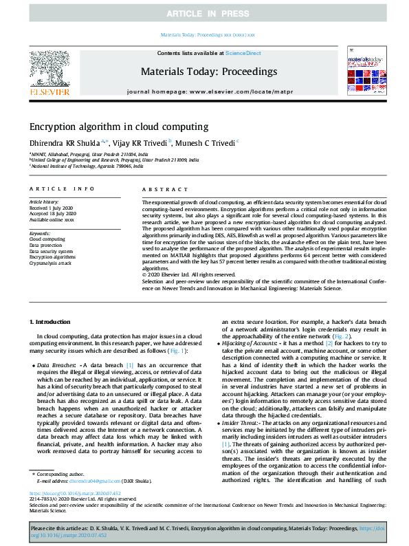 (PDF) Encryption algorithm in cloud computing