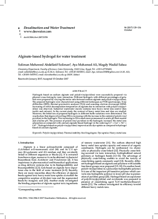 (PDF) Alginate-based hydrogel for water treatment