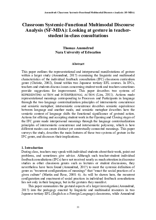 (PDF) Classroom Systemic-Functional Multimodal Discourse Analysis (SF-MDA): Looking at gesture ...