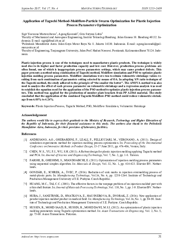 Pdf Application Of Taguchi Method Moldflow Particle Swarm Optimization For Plastic Injection