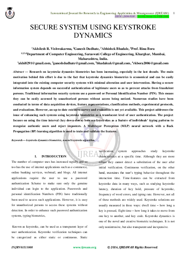 (PDF) SECURE SYSTEM USING KEYSTROKE DYNAMICS