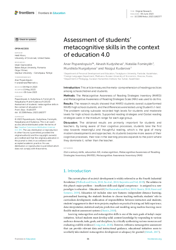 (PDF) Assessment of students’ metacognitive skills in the context of education 4.0 | Nataliia ...