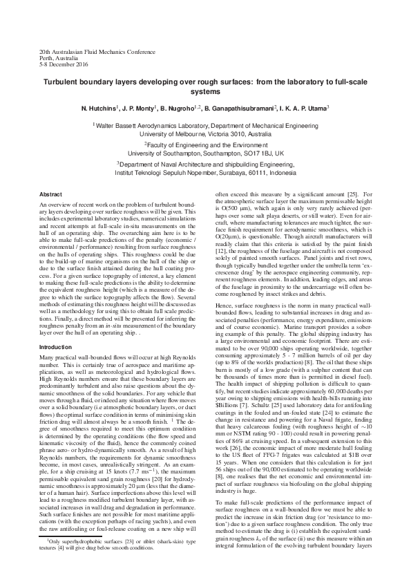(PDF) Turbulent boundary layers developing over rough surfaces: From the laboratory to full ...