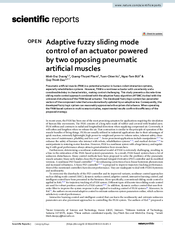 (PDF) Adaptive fuzzy sliding mode control of an actuator powered by two opposing pneumatic ...