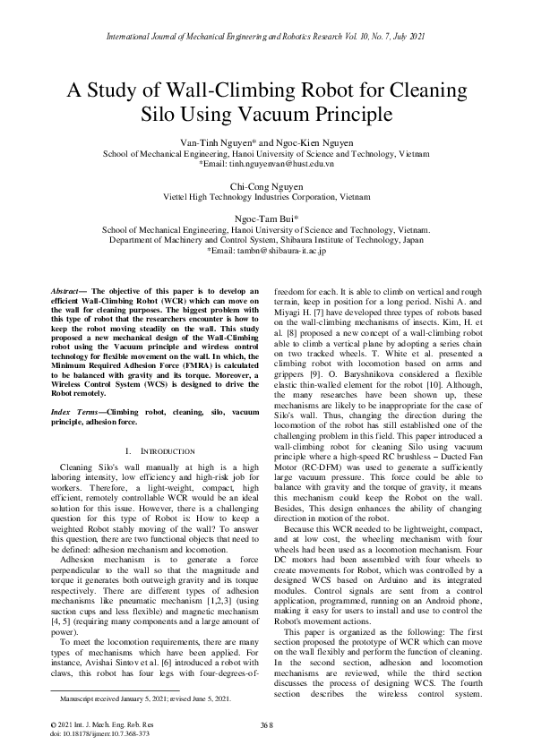 (PDF) A Study of Wall-Climbing Robot for Cleaning Silo Using Vacuum Principle