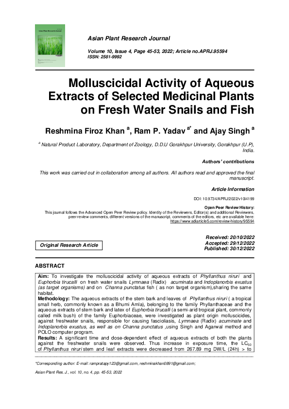(PDF) Molluscicidal Activity of Aqueous Extracts of Selected Medicinal ...