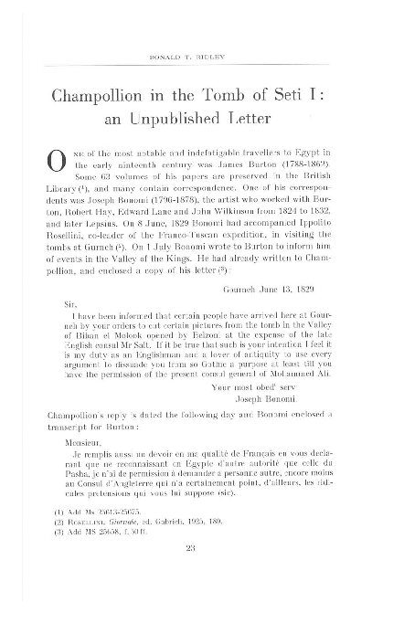 (PDF) Champollion in the Tomb of Seti I: an Unpublished Letter