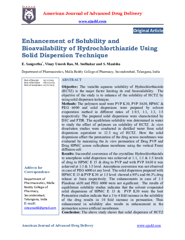 (PDF) Enhancement of Solubility and Bioavailability of Hydrochlorthiazide Using Solid Dispersion ...