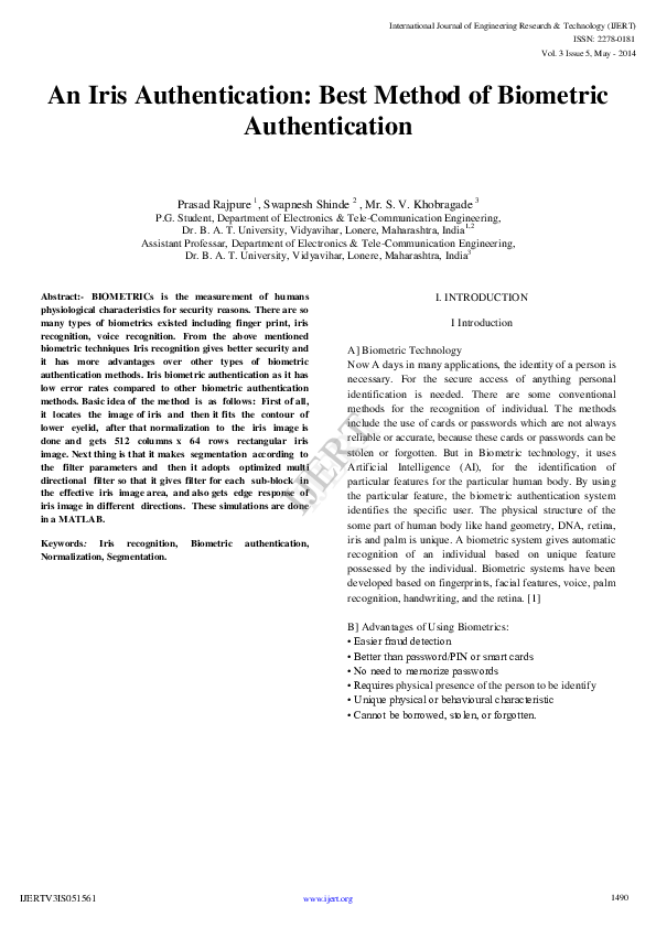 (PDF) An Iris Authentication: Best Method of Biometric Authentication