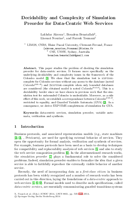 (PDF) Decidability and Complexity of Simulation Preorder for Data-Centric Web Services | Farouk ...