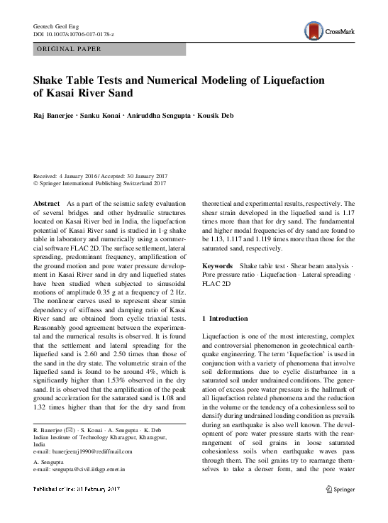 (PDF) Shake Table Tests and Numerical Modeling of Liquefaction of Kasai ...